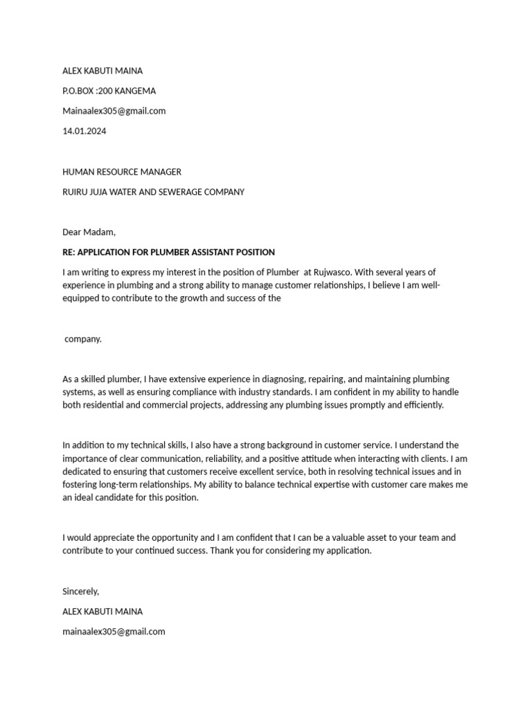Application for Plumber Assistant Role | PDF