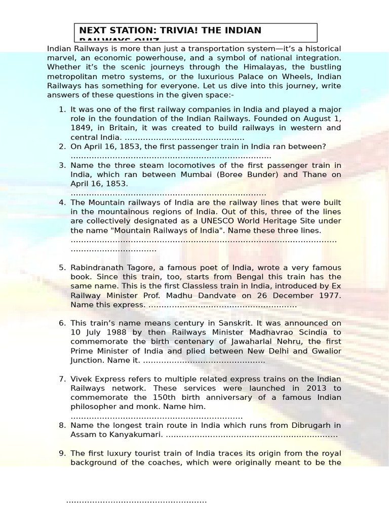 Indian Railways Trivia Worksheet | PDF | Rail Transport | Land Transport