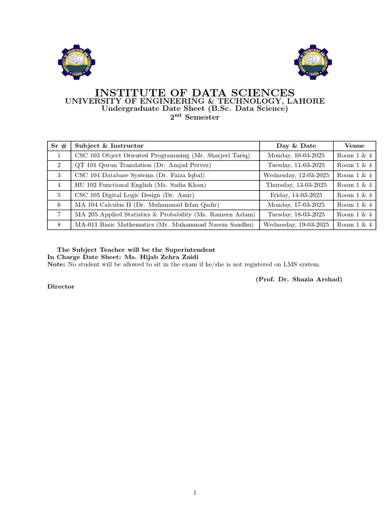 Date Sheet Data Science | PDF