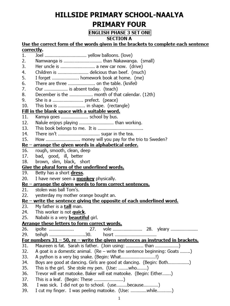 P4 English Holiday Work-Hillside Primary School Naalya Set 1 2020 | PDF ...