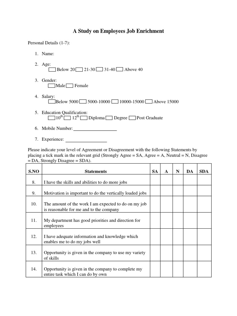 A Study On Job Enrichment Questionnaire | PDF | Employment ...
