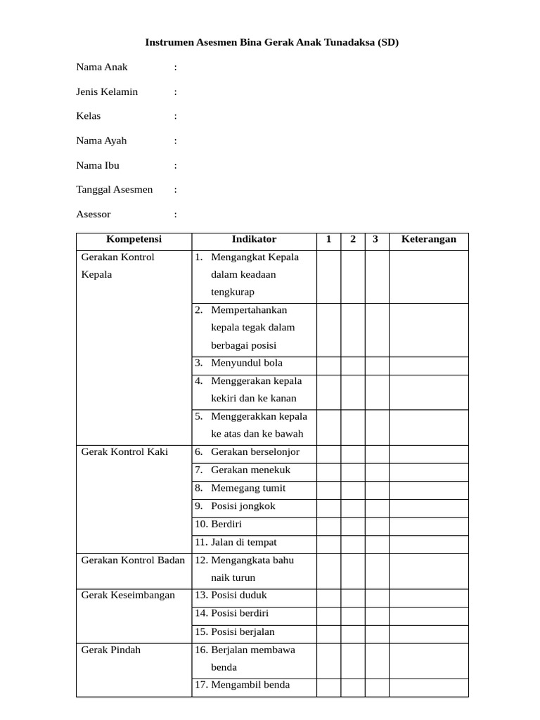 Instrumen Asesmen Bina Gerak Anak Tunadaksa | PDF