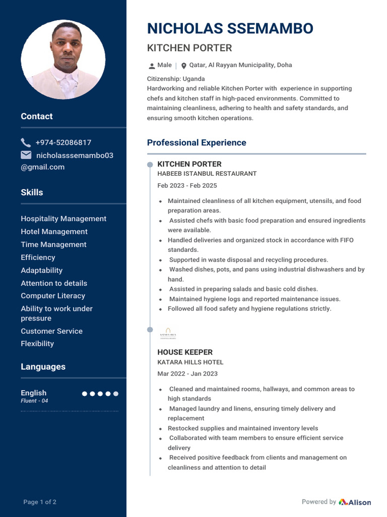 NICHOLAS SSE MAMBO (Kitchen Porter) | PDF | Chef | Kitchen