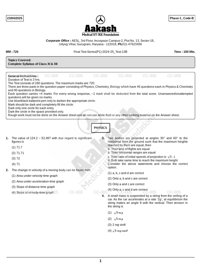 Final Test Series (P1) - 2024-25 - Test-13B | PDF | Force | Acceleration