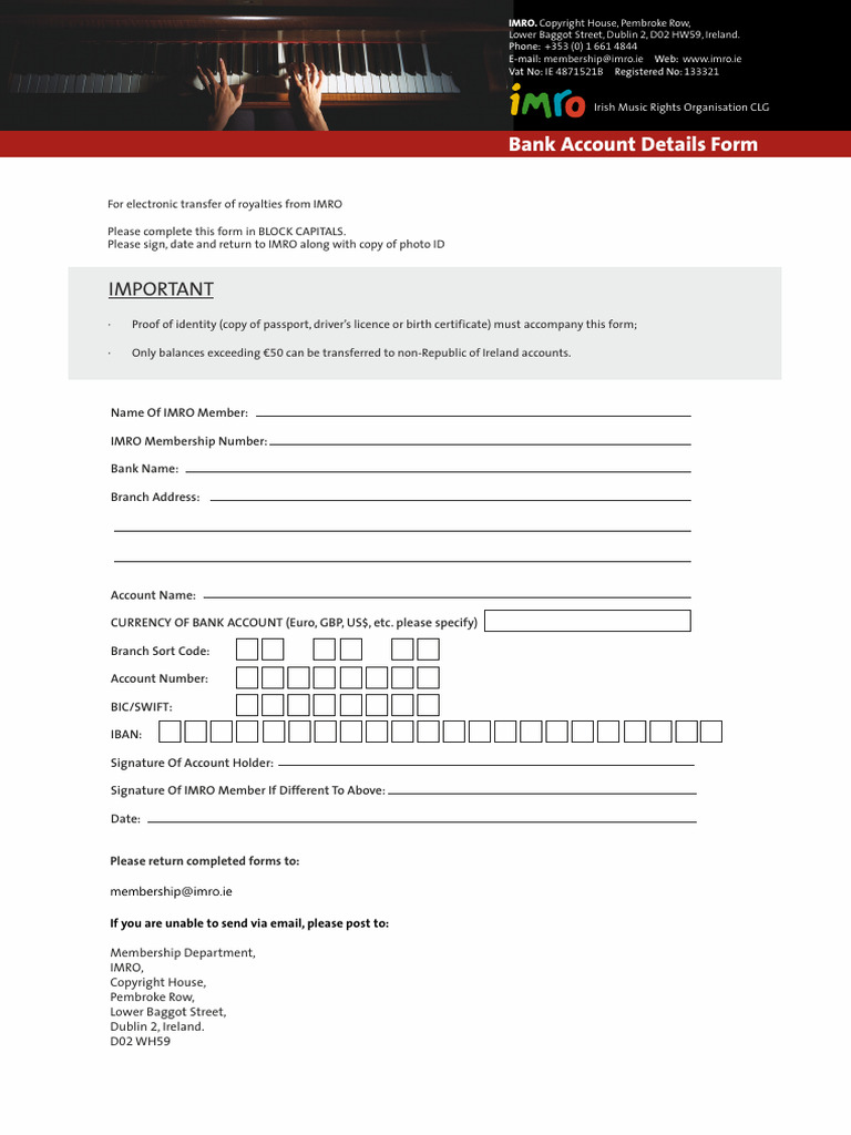 IMRO Bank Account Details Form | PDF