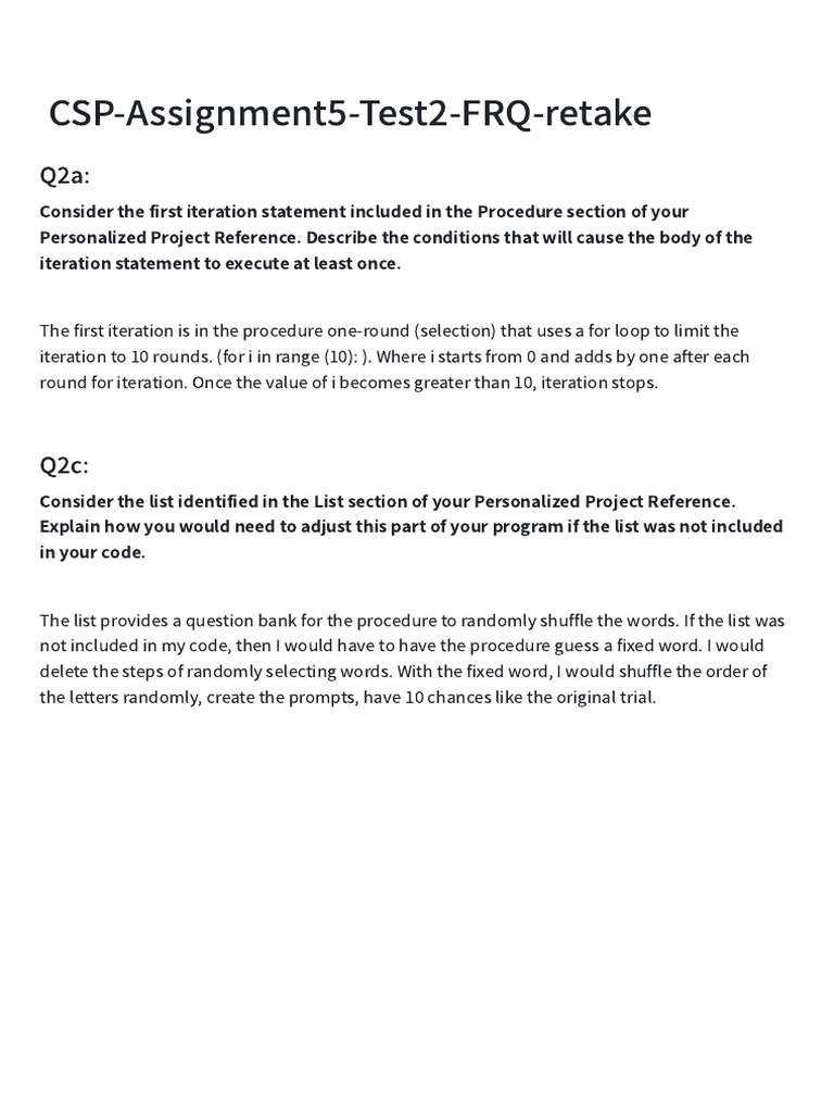 CSP Assignment5 Test2 FRQ Retake | PDF