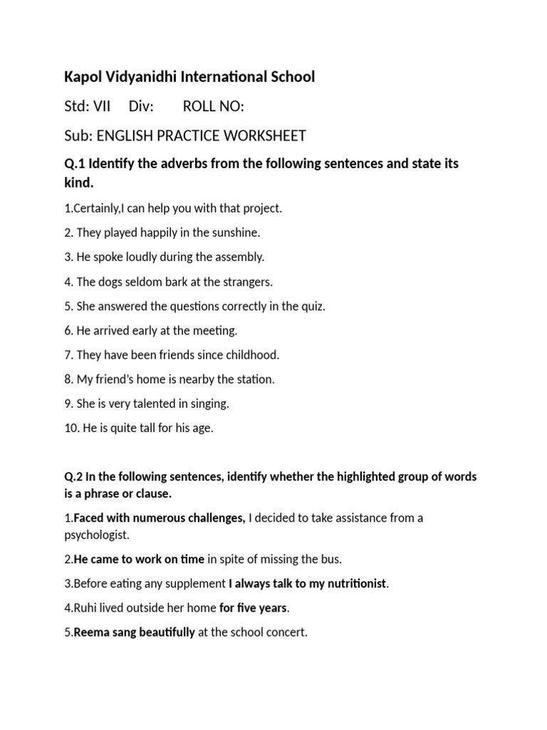 Eng Lang Std 7 Adverbs,Phrases n Clauses | PDF