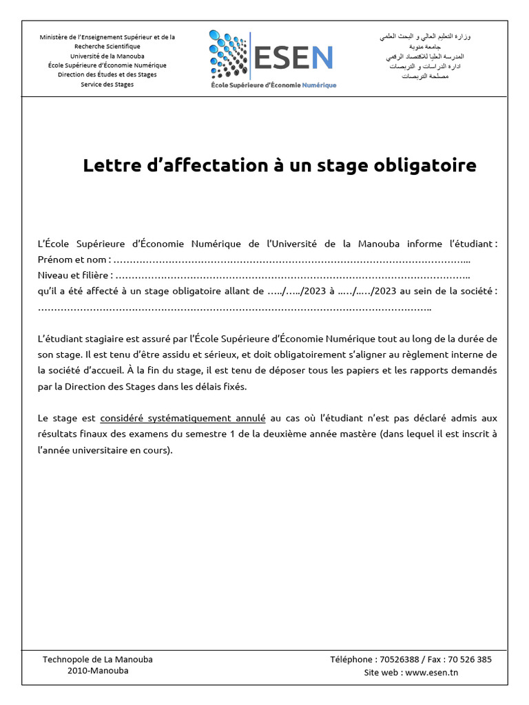 Lettre d'affectation de stage 2023 | PDF