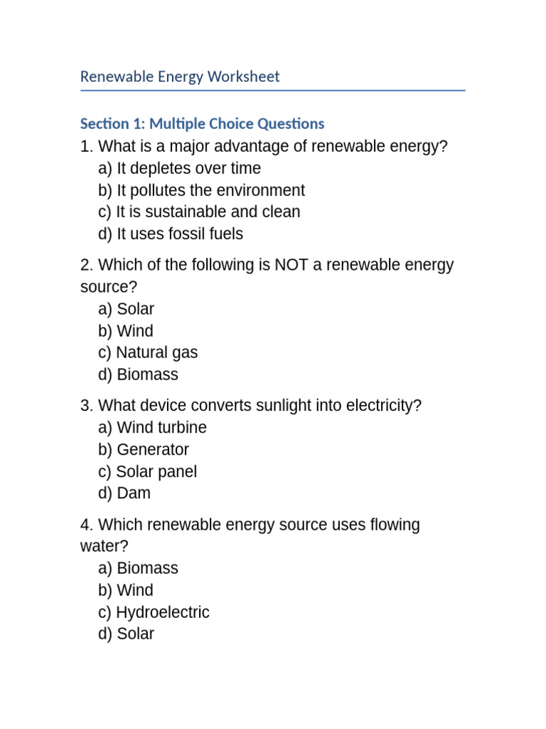 Renewable Energy Worksheet | PDF | Energy Development | Renewable Energy