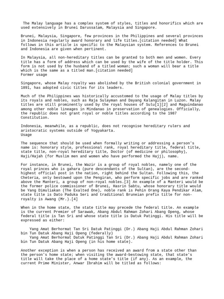 The Malay Language Has A Complex Sy | PDF | Malaysia | Brunei