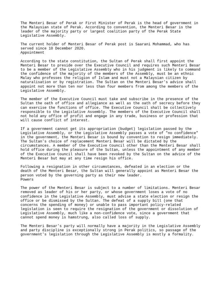 Current Menteri Besar of Perak 2023 | PDF | Government | Political Law