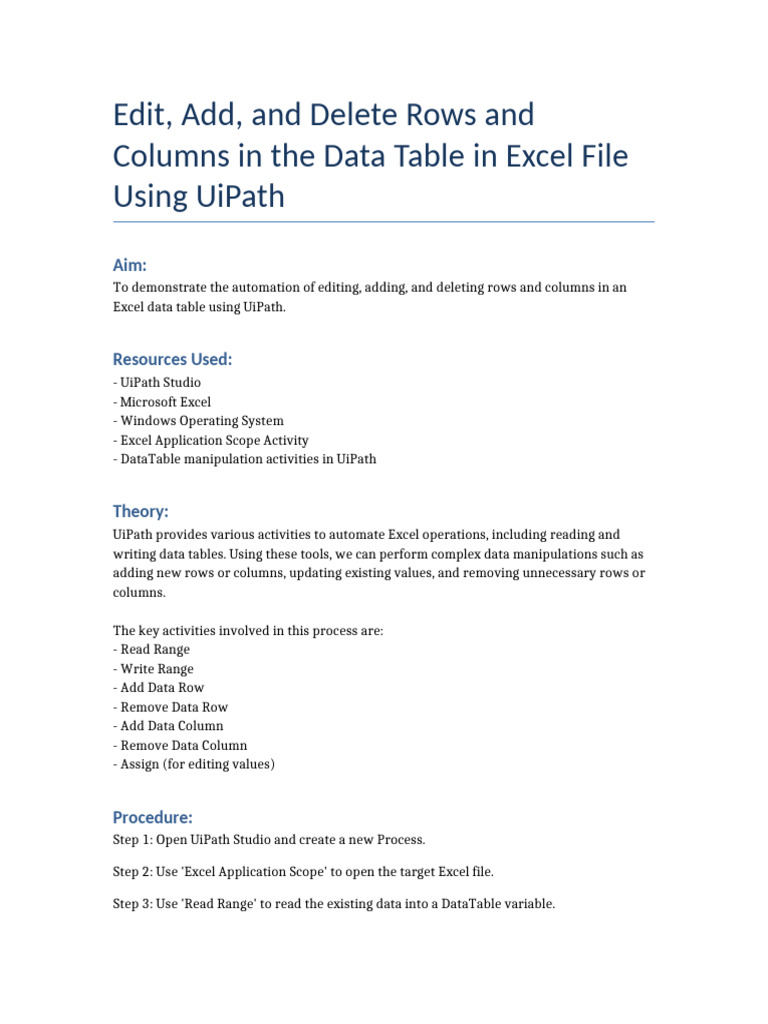 Edit Add Delete Excel UiPath | PDF