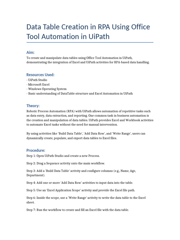 Data Table Creation UiPath | PDF