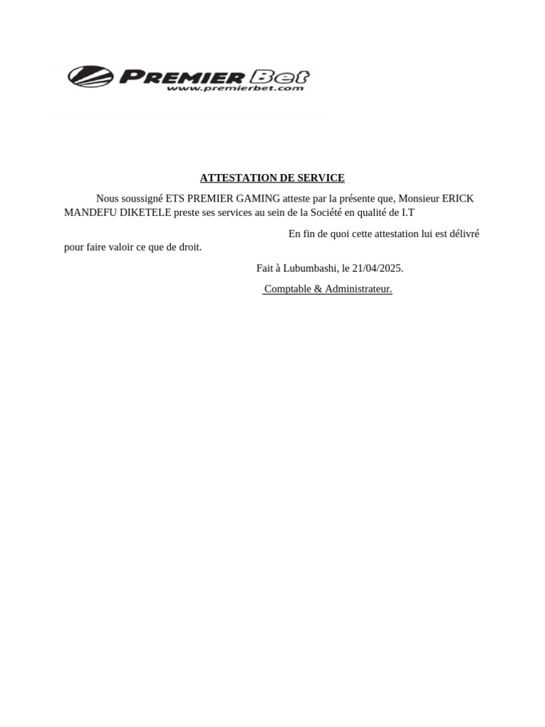 Attestation de service pour Erick Mandefu | PDF