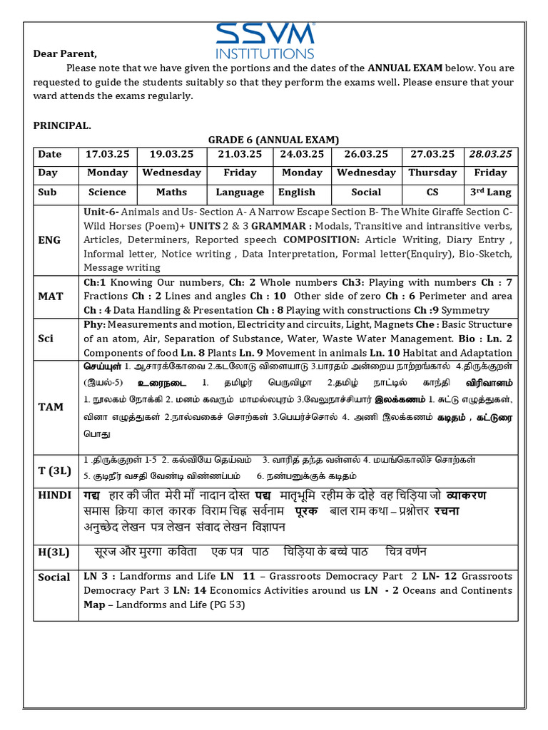 Grade 6 Annual Exam Schedule & Portions | PDF | Linguistics