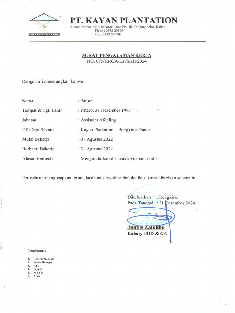 19. SURAT PENGALAMAN KERJA KAYAN PLANTATION ASLI | PDF