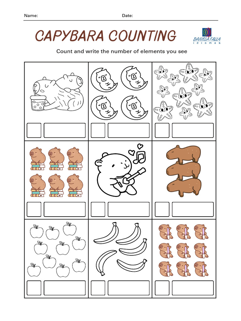 Capybara Counting Math Worksheet in Colorful Illustrative Style | PDF