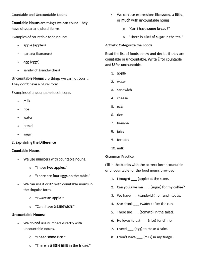 Countable and Uncountable Nouns | PDF | Noun | Plural