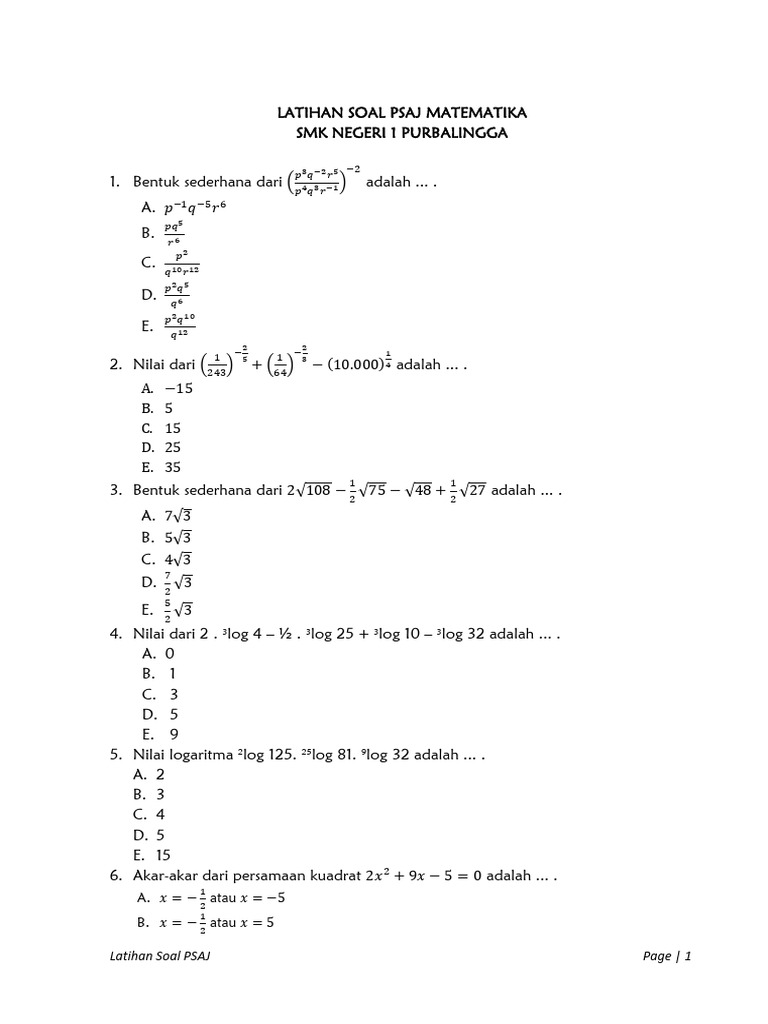 Latihan Soal Psaj Matematika 2025 | PDF