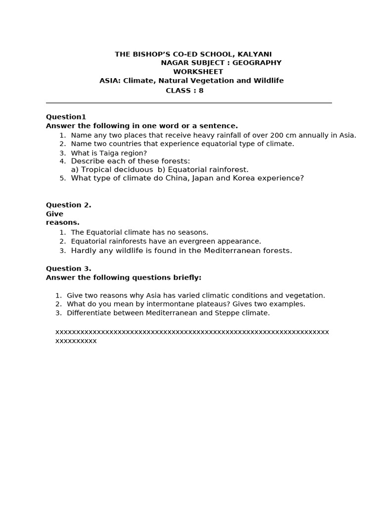 Asia's Climate and Vegetation Worksheet | PDF