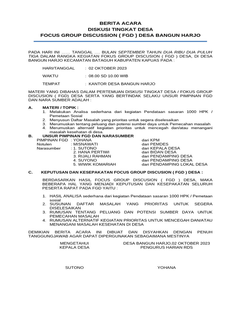 Berita Acara FGD Desa Bangun Harjo | PDF