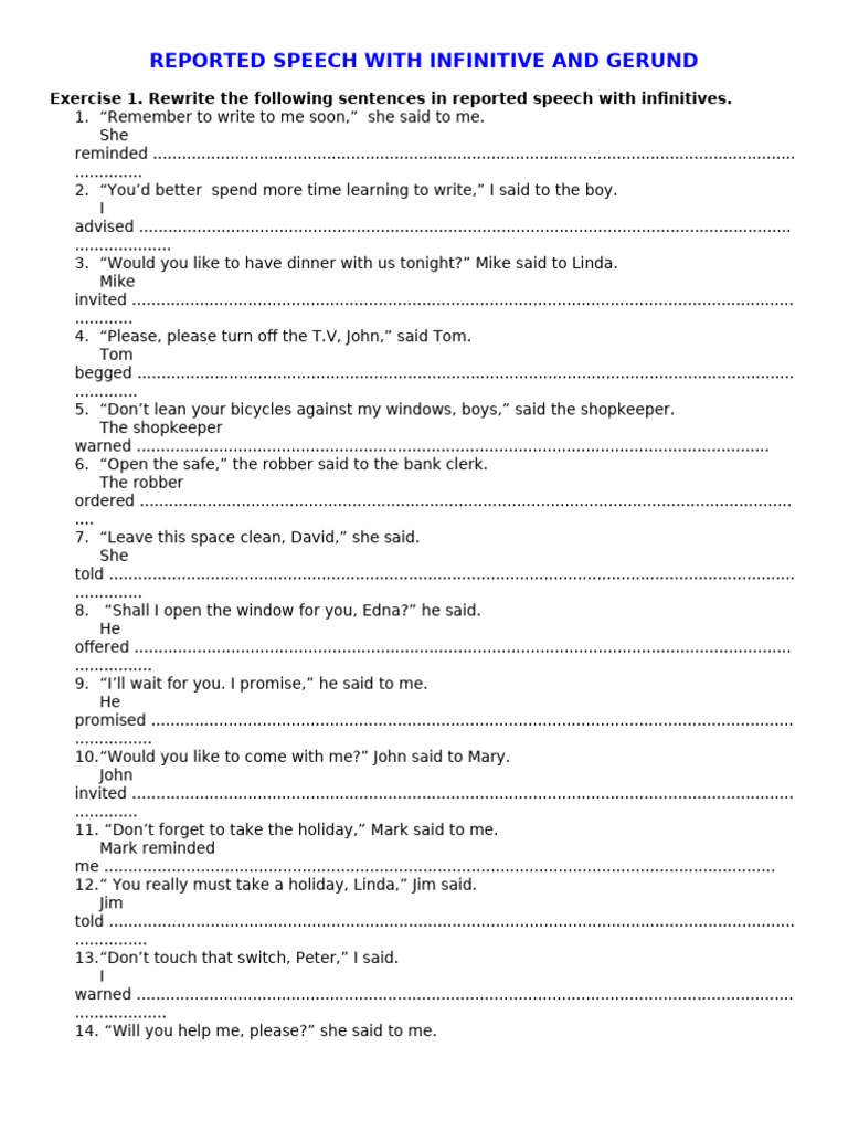 Reported Speech With Infinitive and Gerund 1 | PDF
