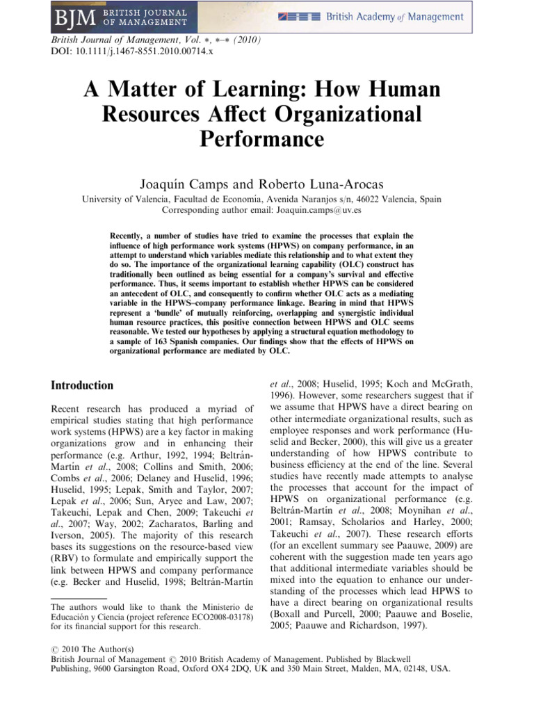 A Matter of Learning How Human Resources Affect Organizational Performance | PDF | Performance ...