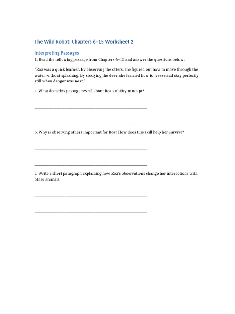 Wild Robot Chapters 6-15 Worksheet | PDF
