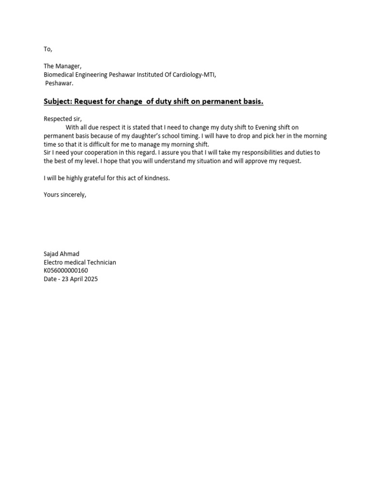 Application For Shift Change New | PDF