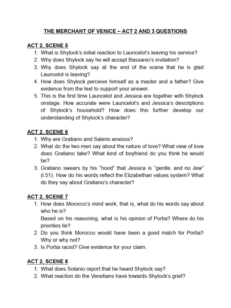 Merchant of Venice Act 2 & 3 Q&A | PDF | The Merchant Of Venice | Shylock