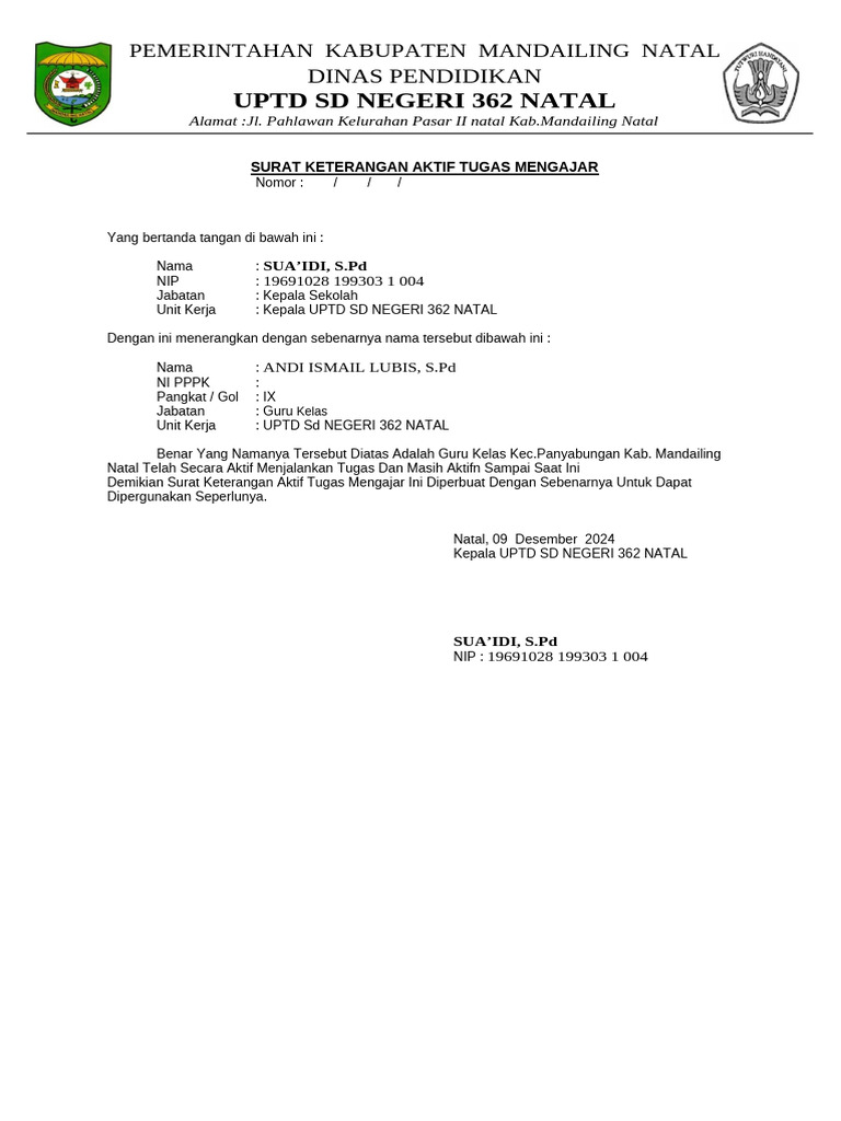 Aktif Tugas Mengajar ANDI ISMAIL LUBIS, S.PD | PDF