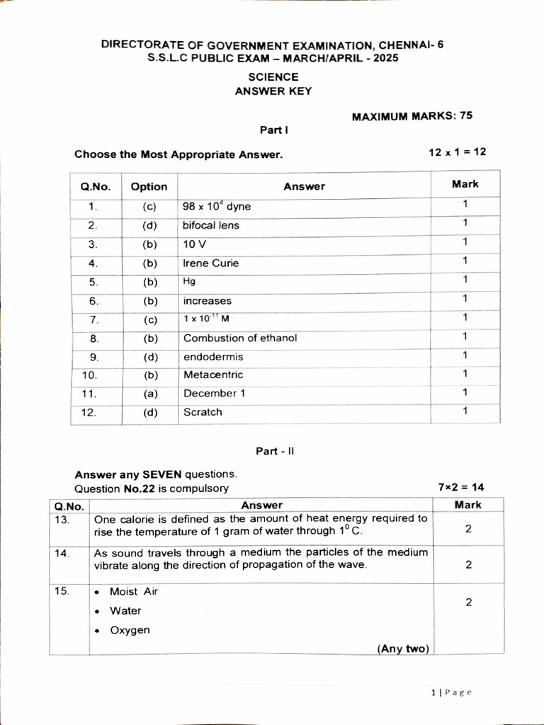 10th Science EM Official Answer Keys To Public Exam April 2025 Question Paper English Medium PDF ...