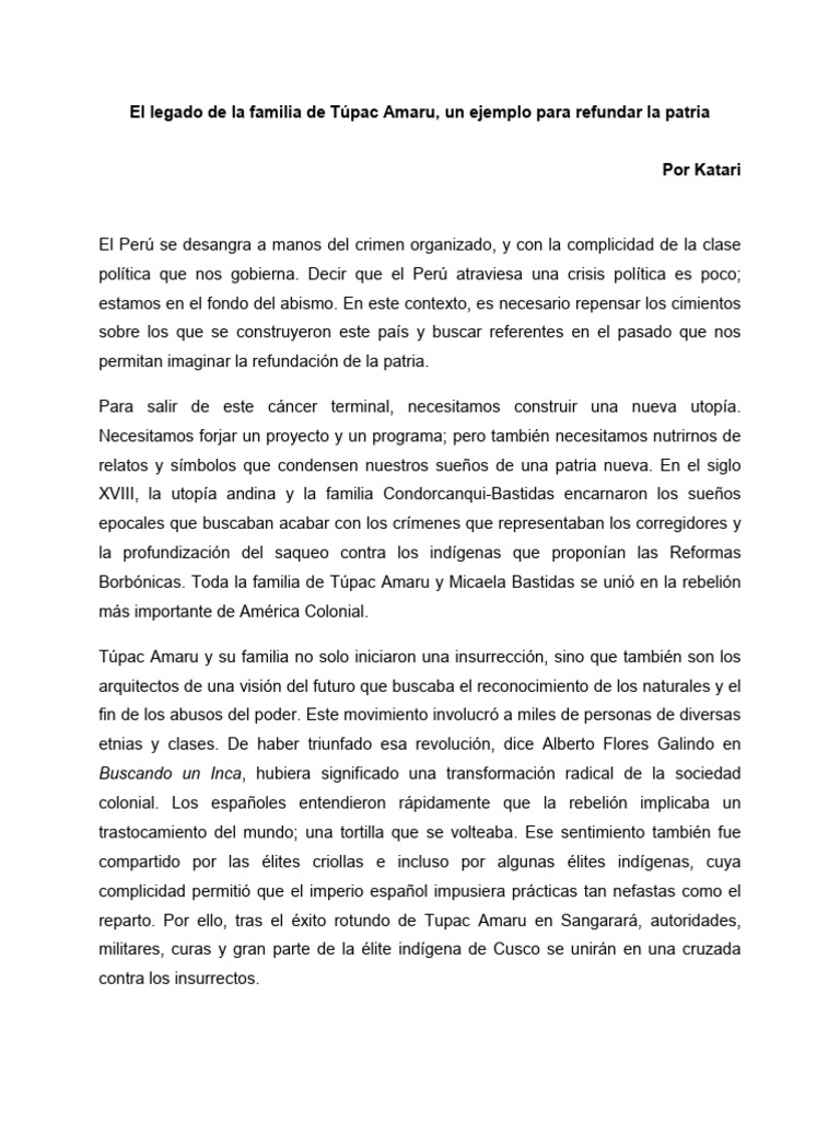 El-legado-de-la-familia-de-Tupac-Amaru-un-ejemplo-para-refundar-la-patria | PDF | Perú