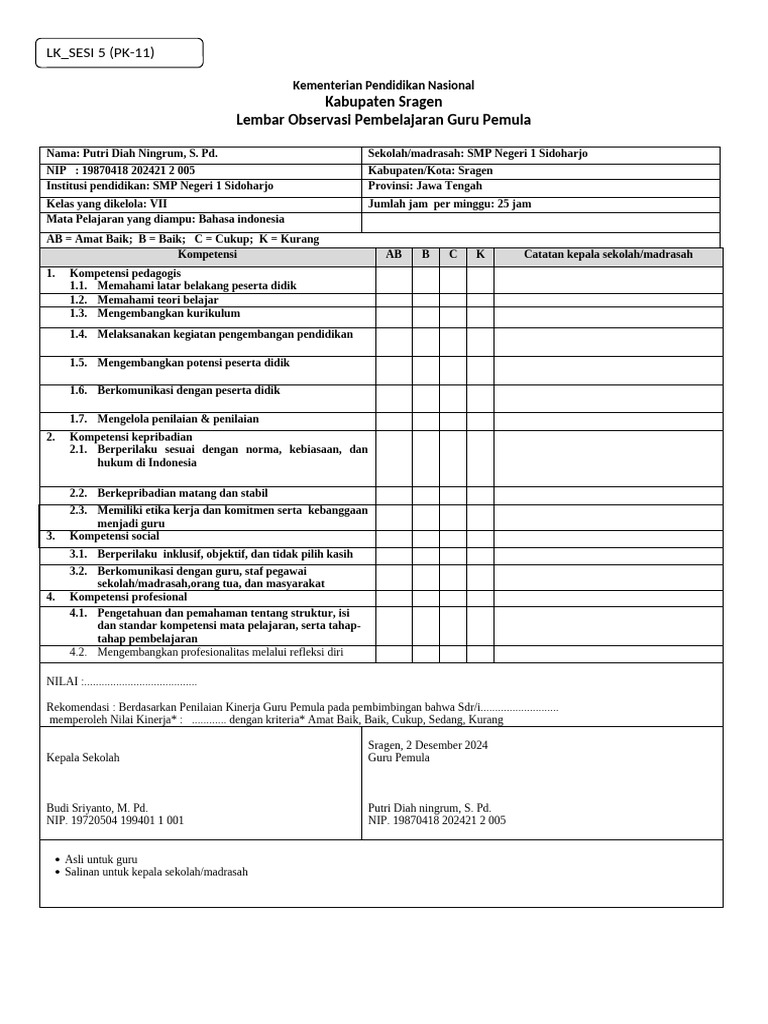 Lembar Observasi - KEPSEK | PDF