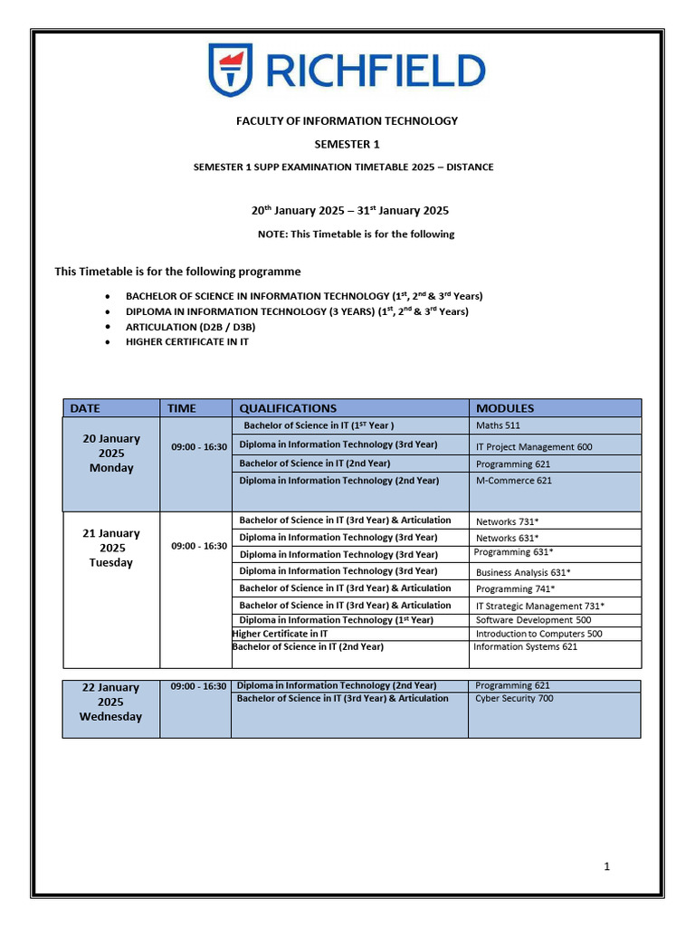 DL IT S1 Supp Examanition Timetable 17012025 | PDF | Diploma ...