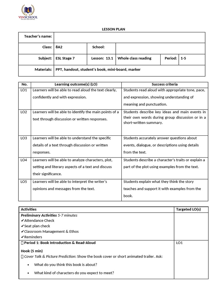 ESL Stage 7 Reading Lesson Plan | PDF | Reading Comprehension ...
