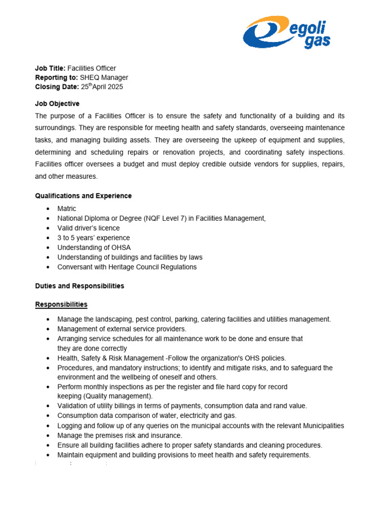 Facilities Officer Job Overview | PDF