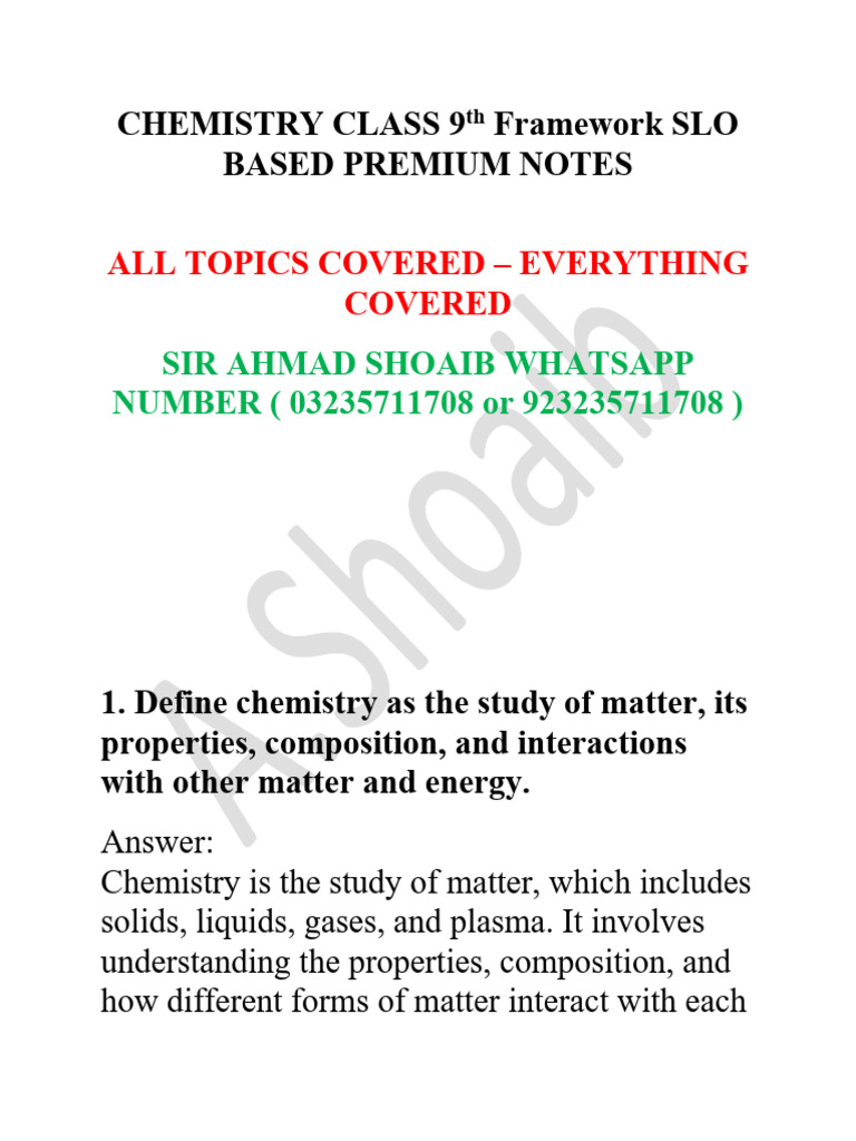 Chem 9 Whole Book Notes - Sir Ahmad Shoaib - Manahil Academy - Premium ...