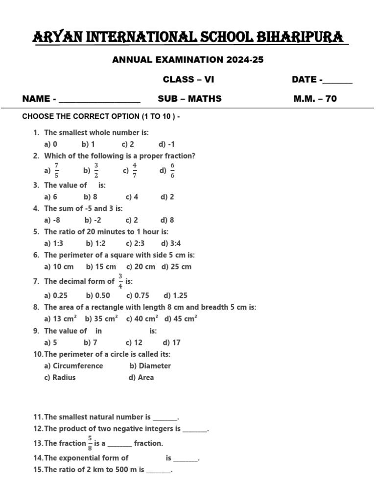 ARYAN INTERNATIONAL SCHOOL CLASS-6th (MATHS) | PDF | Area | Length