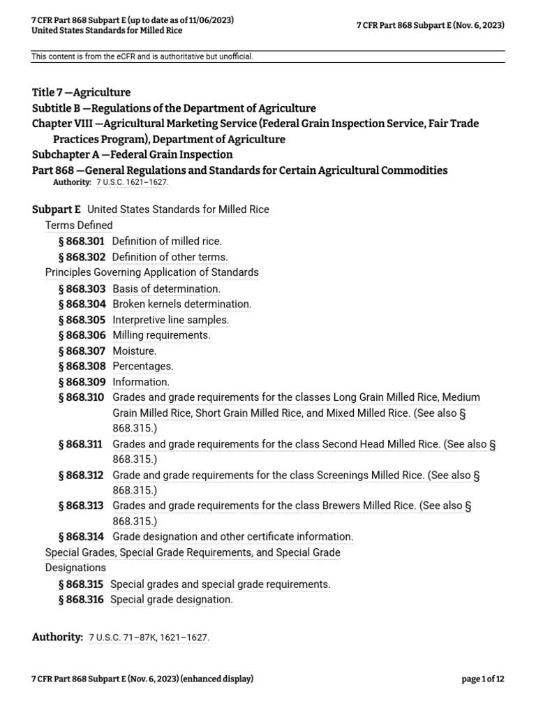 7 CFR Part 868 Subpart E (Up To Date As of 11-06-2023) | PDF | Rice | Seed