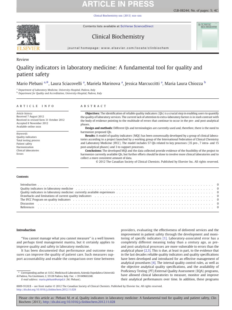 Quality Indicators in Laboratory Medicine | PDF | Patient | Patient Safety