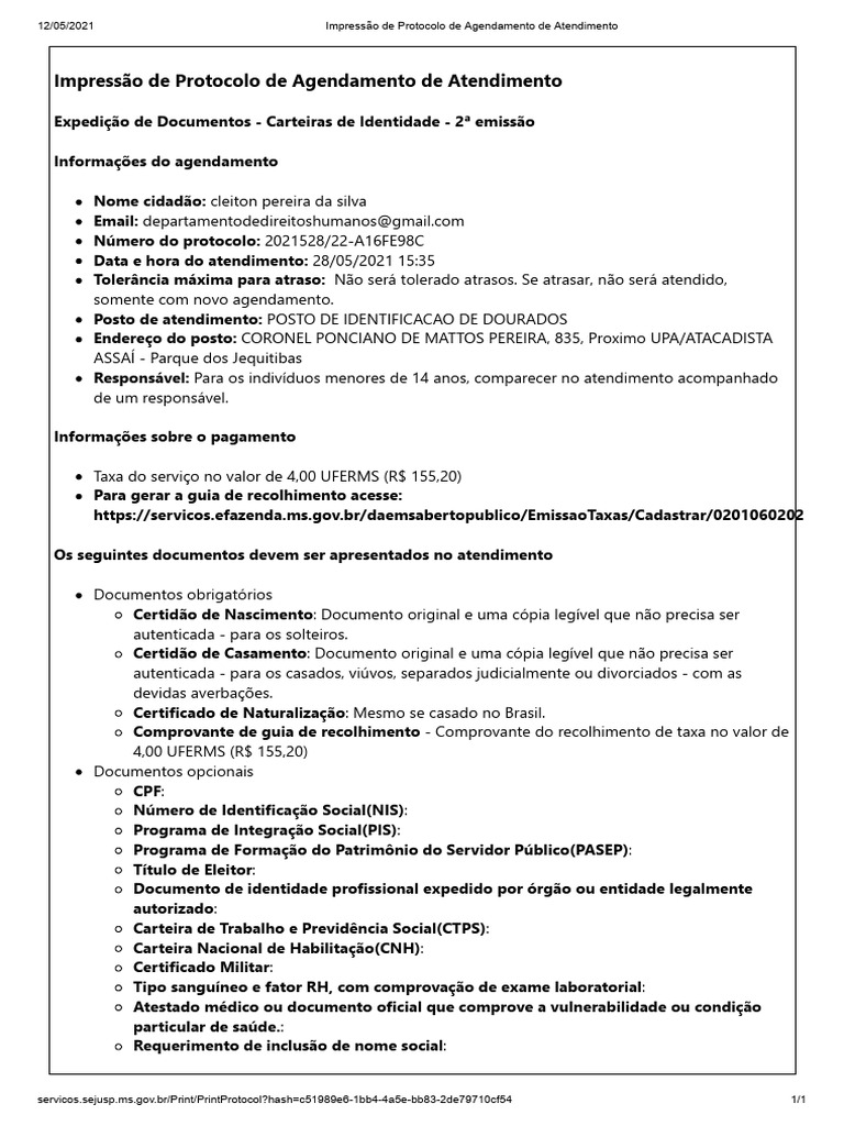 Impressão de Protocolo de Agendamento de Atendimento | PDF | Governo e personalidade