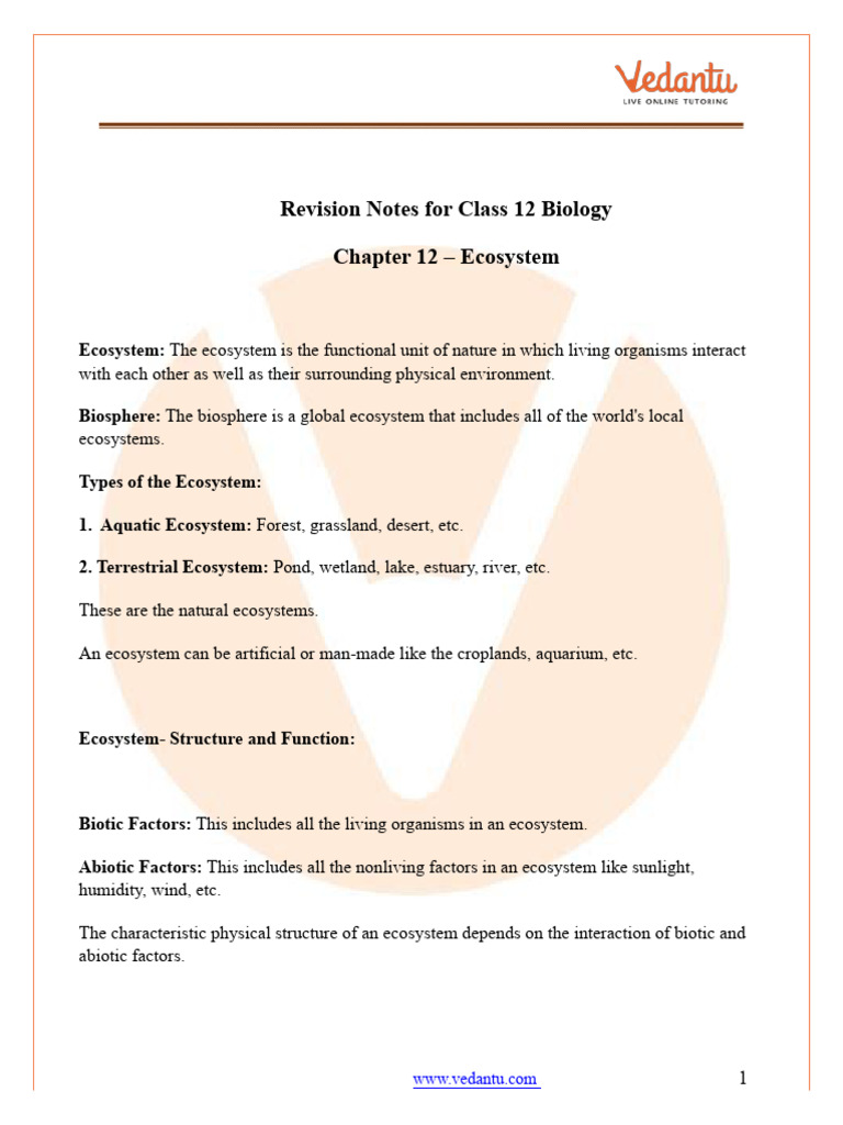 CBSE Biology Chapter 12 Ecosystem Class 12 Notes - FREE PDF | PDF ...