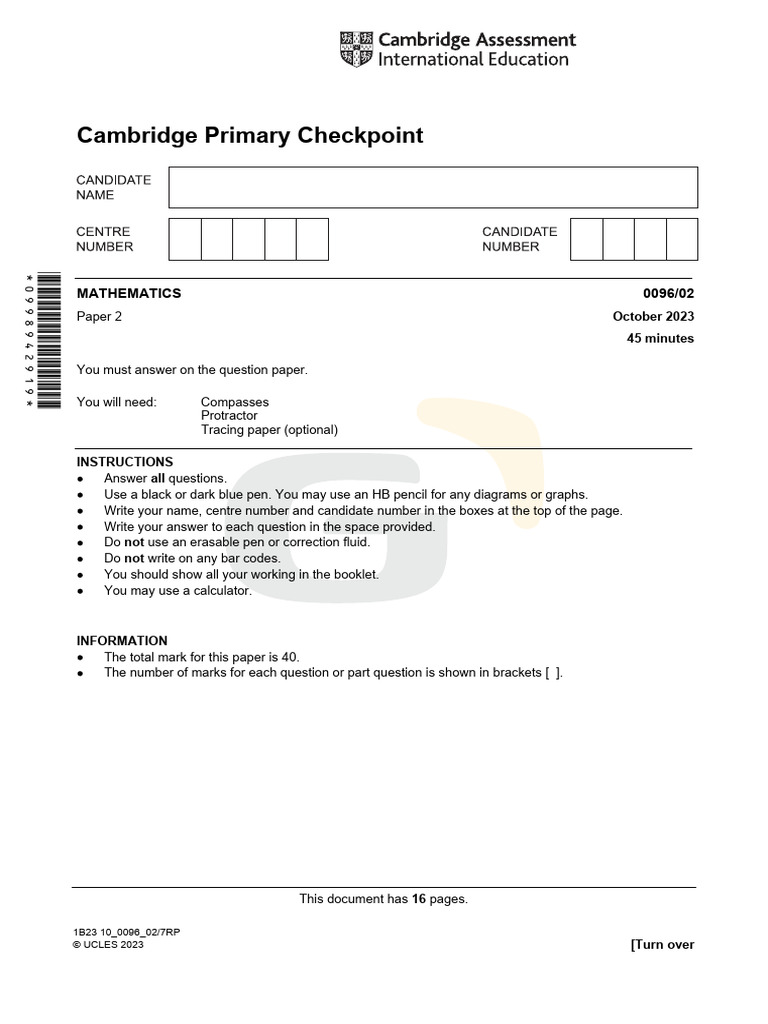 Cambridge Primary Checkpoint Math Paper 2 | PDF | Length | Elementary ...