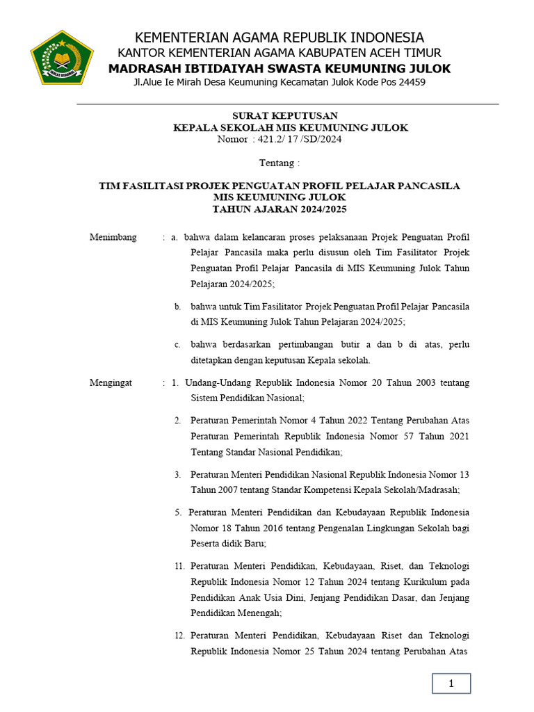 Tim Fasilitator Profil Pelajar Pancasila 2024 | PDF