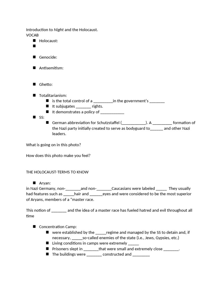 Night Powerpoint Skeleton Notes | PDF | The Holocaust | Nazi Germany
