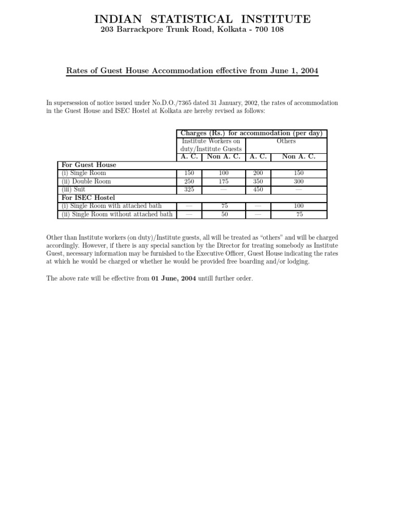 ISI Kolkata Guest House Rates Update | PDF