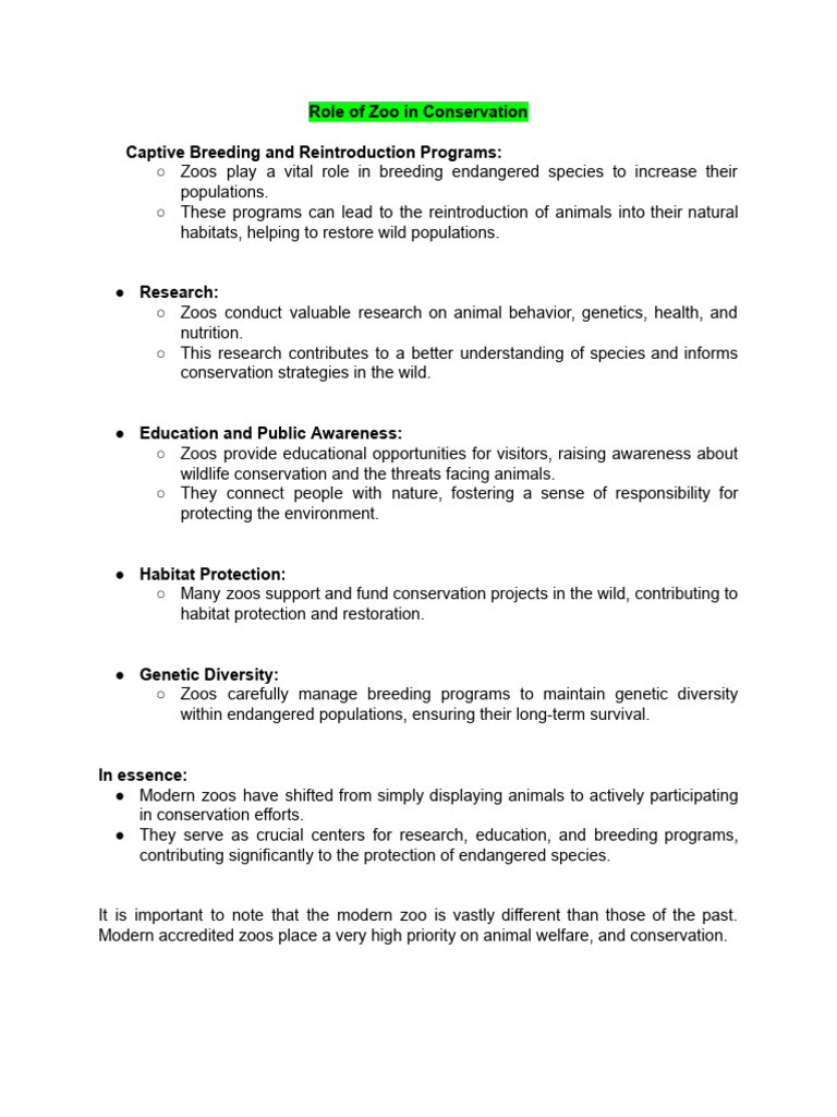 Zoos' Essential Role in Wildlife Conservation | PDF