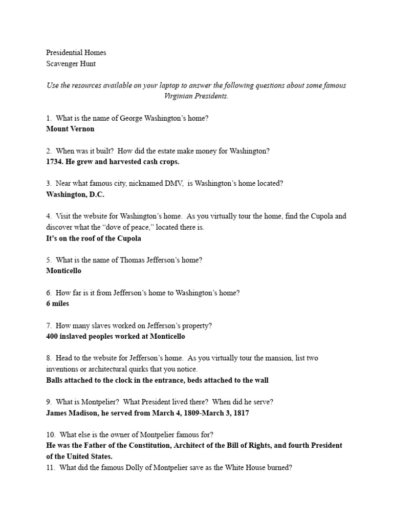 Presidential Homes Scavenger Hunt | PDF