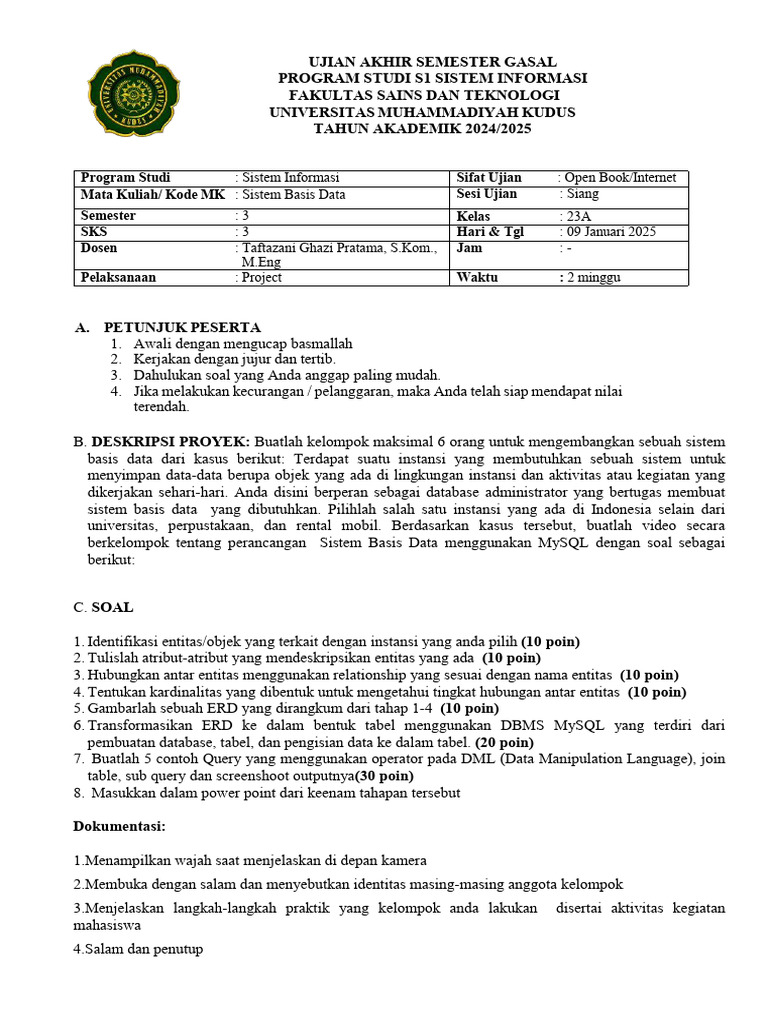 UAS Sistem Basis Data Sisfo Tahun Akademik 2024-2025 | PDF